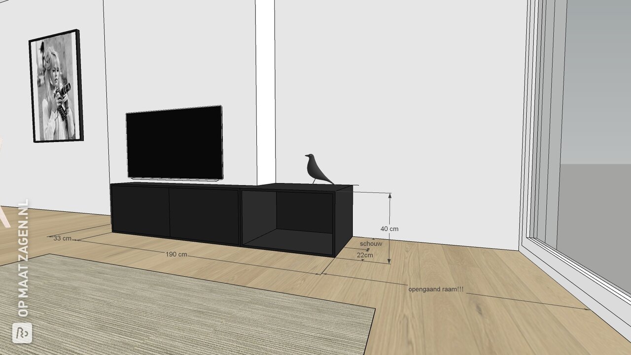 Tv-meubel van MDF Zwart voor bestaande schouw - OPMAATZAGEN.nl